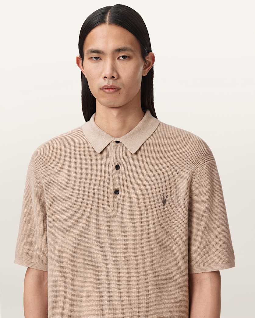 Aspen Waffle Texture Ramskull Polo Shirt MOON GREY | ALLSAINTS